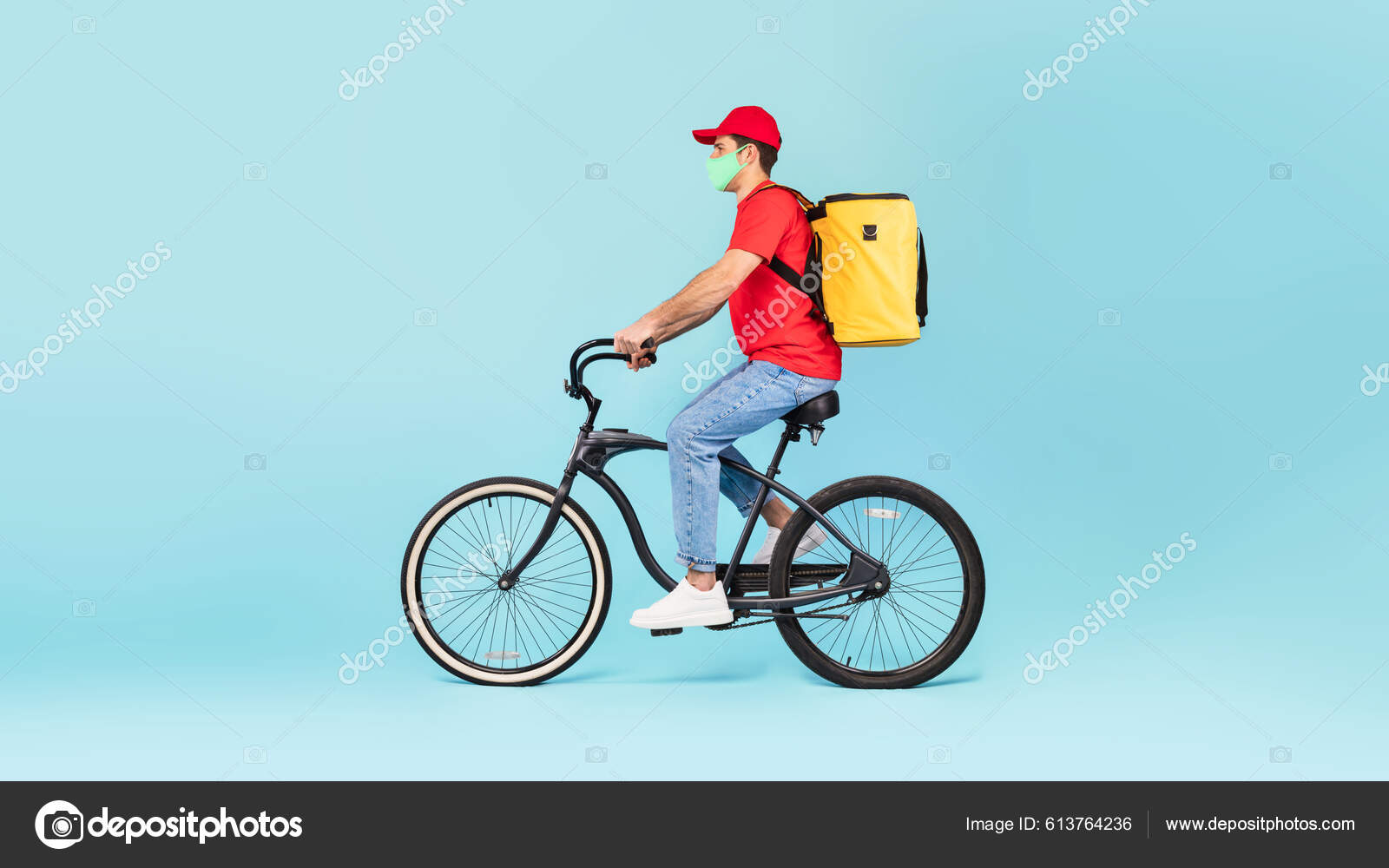 Delivery Guy Yellow Backpack Bag Delivering Food Riding Bike Posing ...