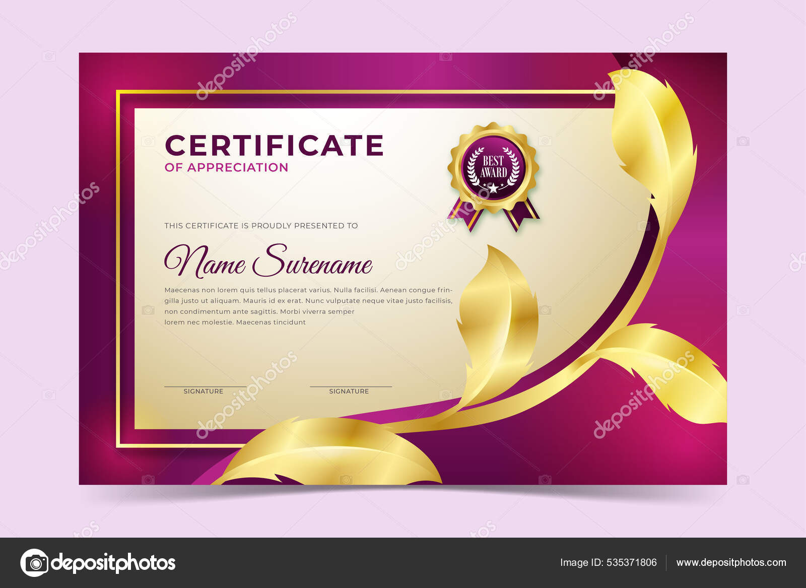 Purple Golden Leaves Environmental Certificate Template Stock Vector by ...