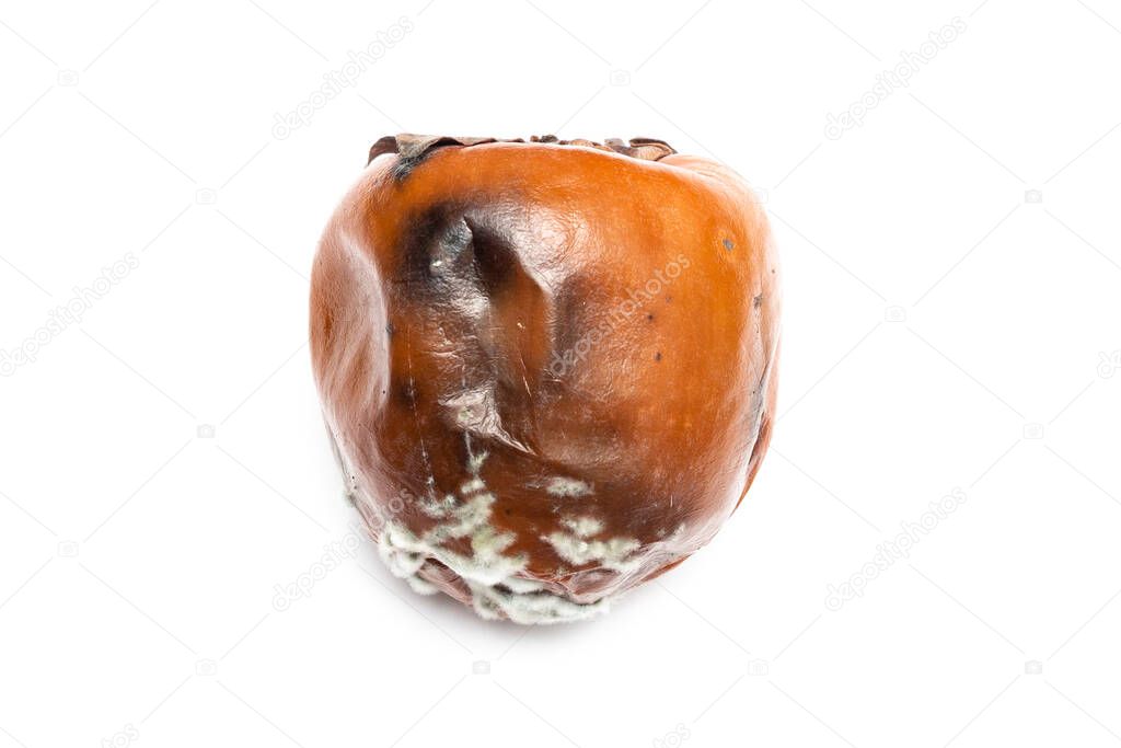 Un caqui podrido estropeado aislado sobre un fondo blanco. Comida ...