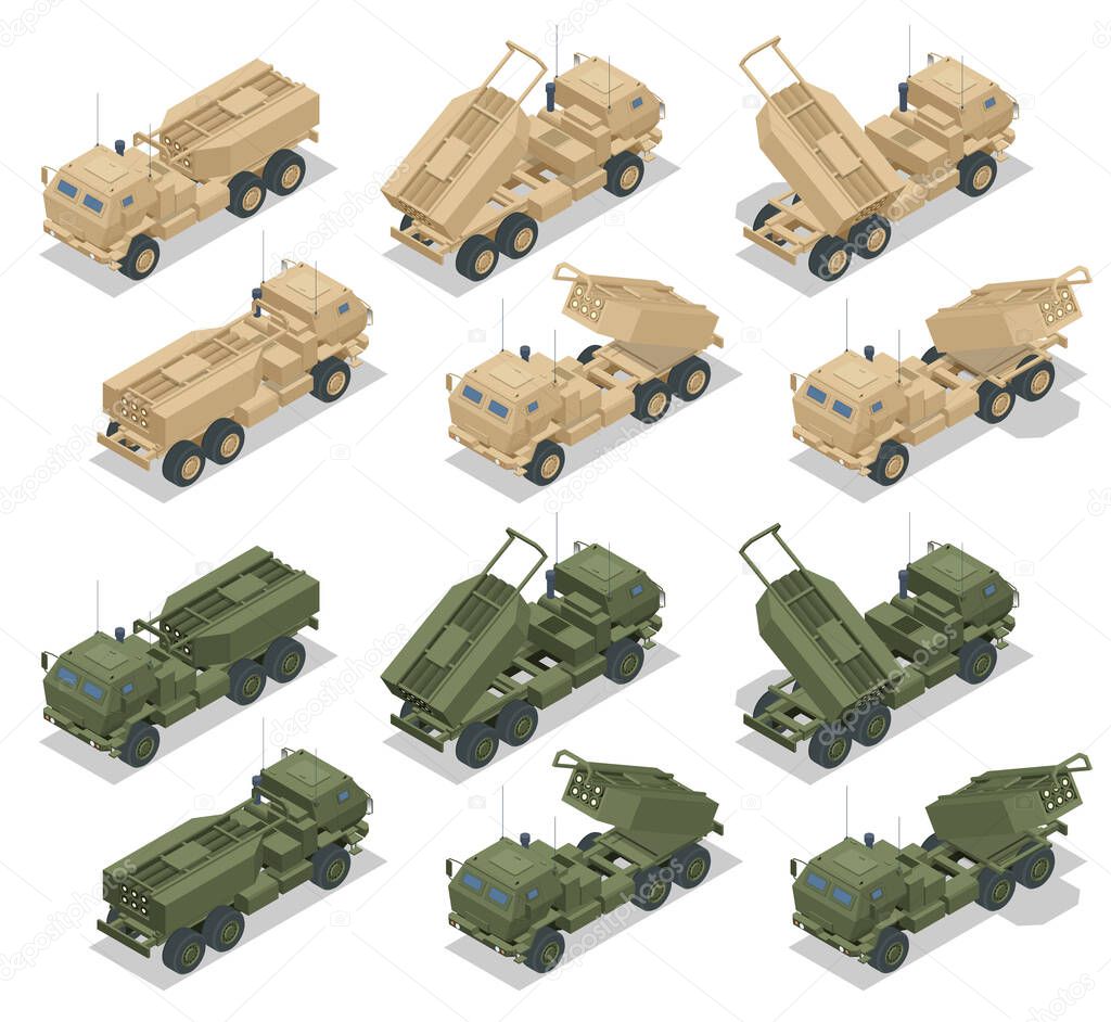 Isometric rocket salvo fire system on a wheeled landing gear. Rocket ...