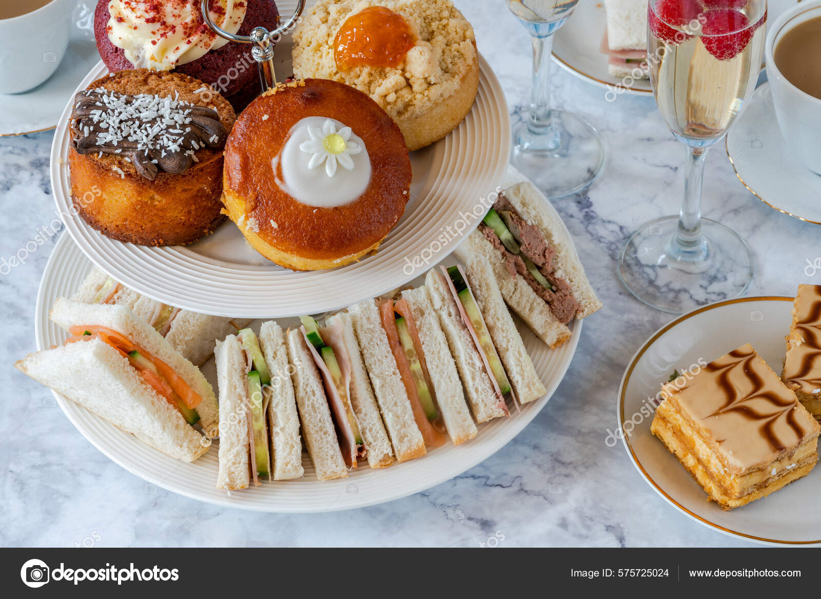 Selection Gourmet Cakes Mini Canapes Coffee Sparkling Wine Table Stock ...