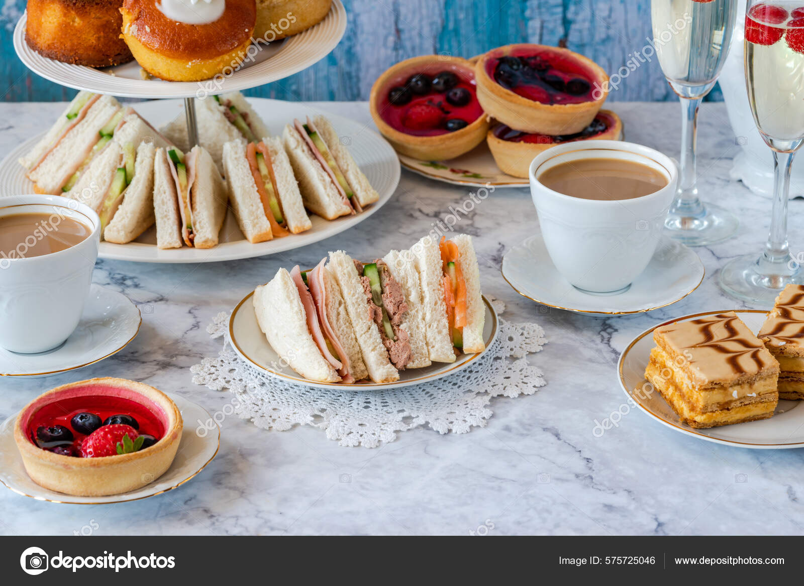 Selection Gourmet Cakes Mini Canapes Coffee Sparkling Wine Table ...