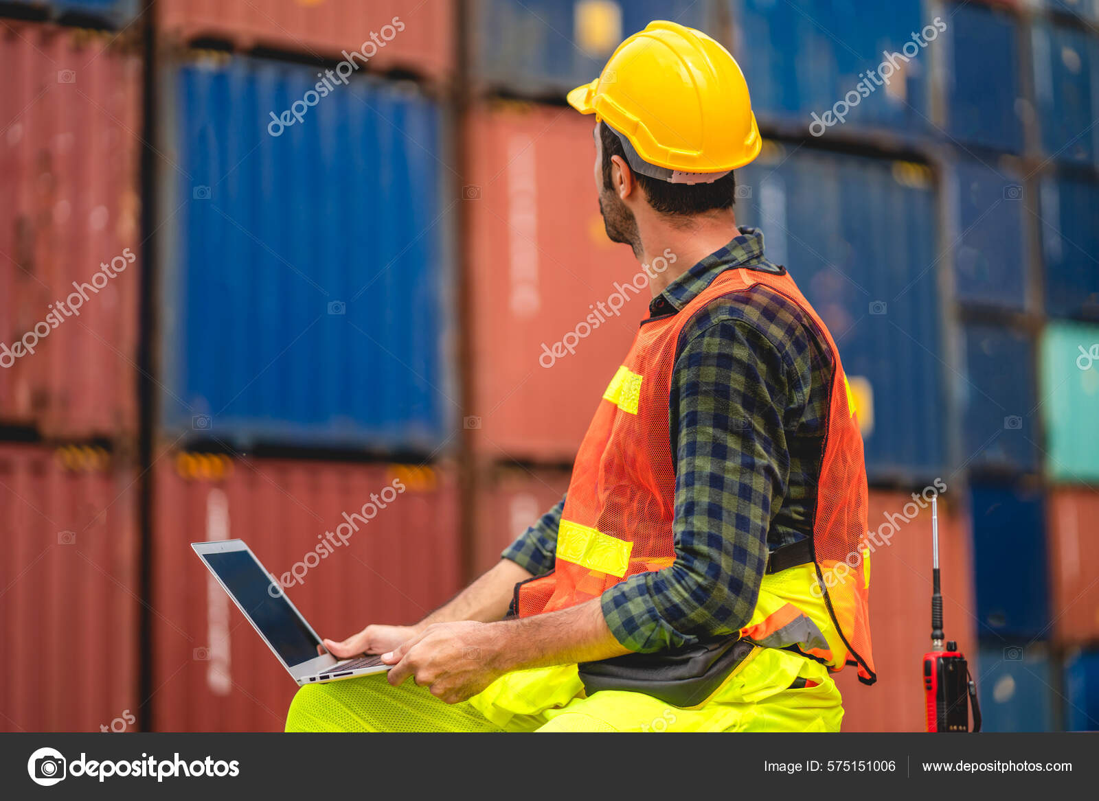 Professional Engineer Container Cargo Foreman Helmets Working Using ...