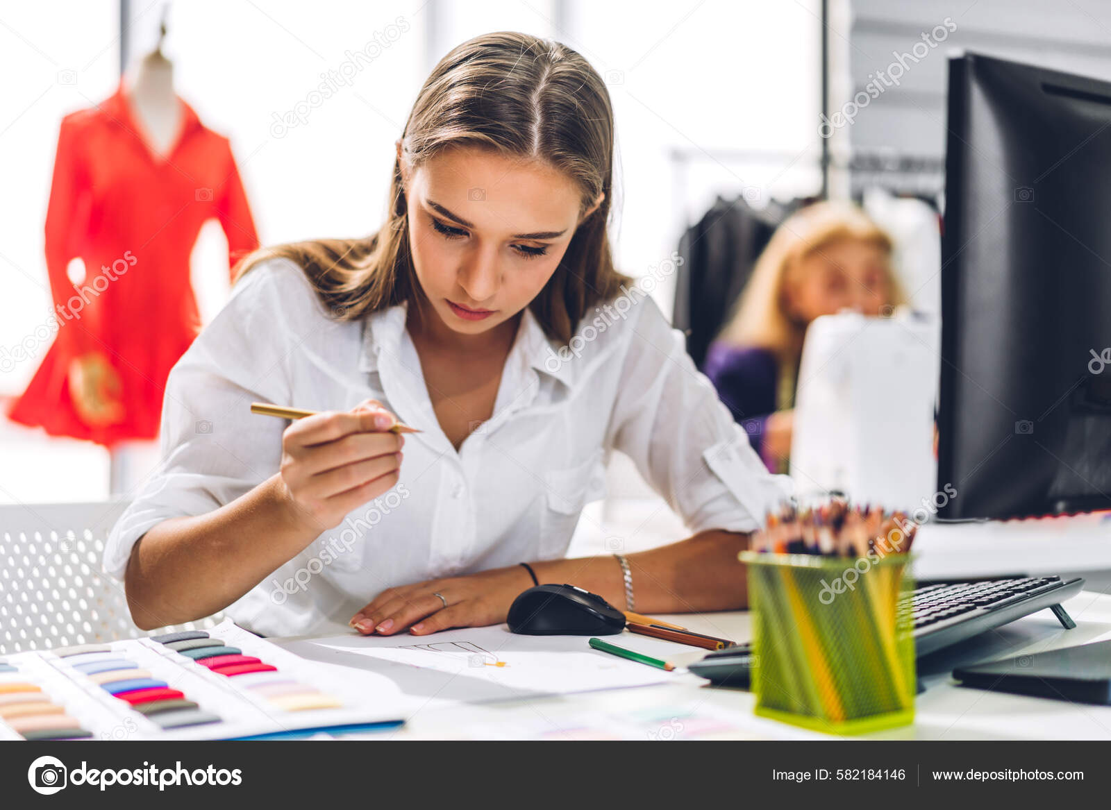 Portrait Young Beautiful Pretty Owner Business Woman Fashion Designer ...