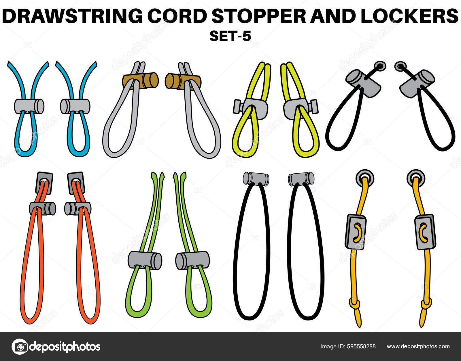 Drawstring Cord Stopper Flat Sketch Vector Illustrator Set Draw String ...