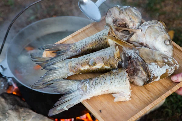 Fish soup prepared over an open fire. Cooking fish soup over an open ...