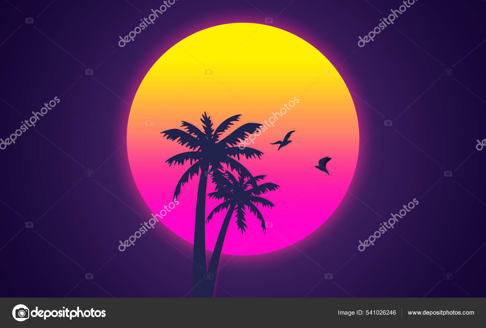 80S Synthwave Retrowave Styled Palm Tree Silhouette Bird Silhouette ...