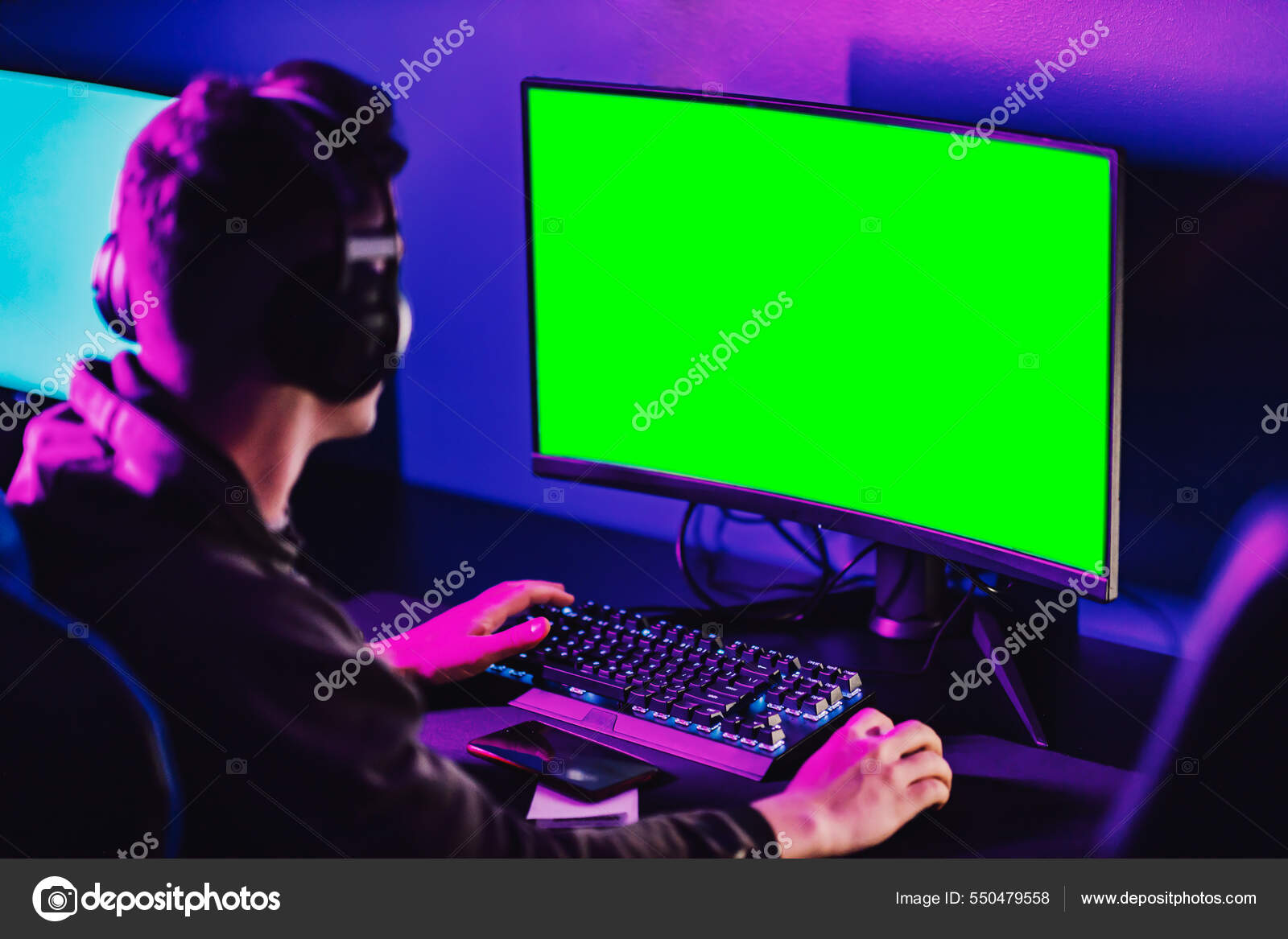 Back View Professional Gamer Playing Video Games Gaming Room — Stock ...