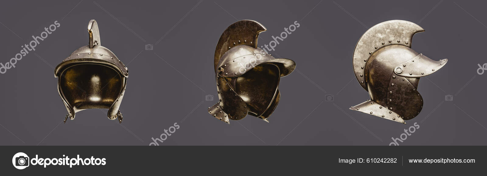 Three Warrior Helmets View Angles Old Brass Metal Helm Rendering Stock ...