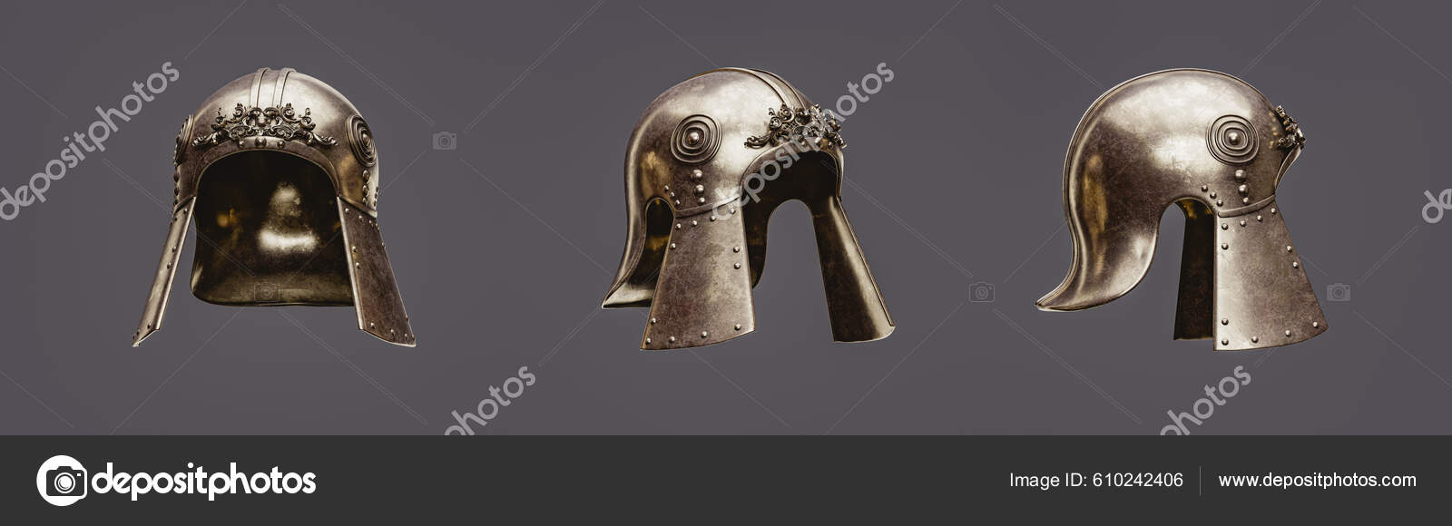 Three Warrior Helmets View Angles Old Brass Metal Helm Rendering Stock ...