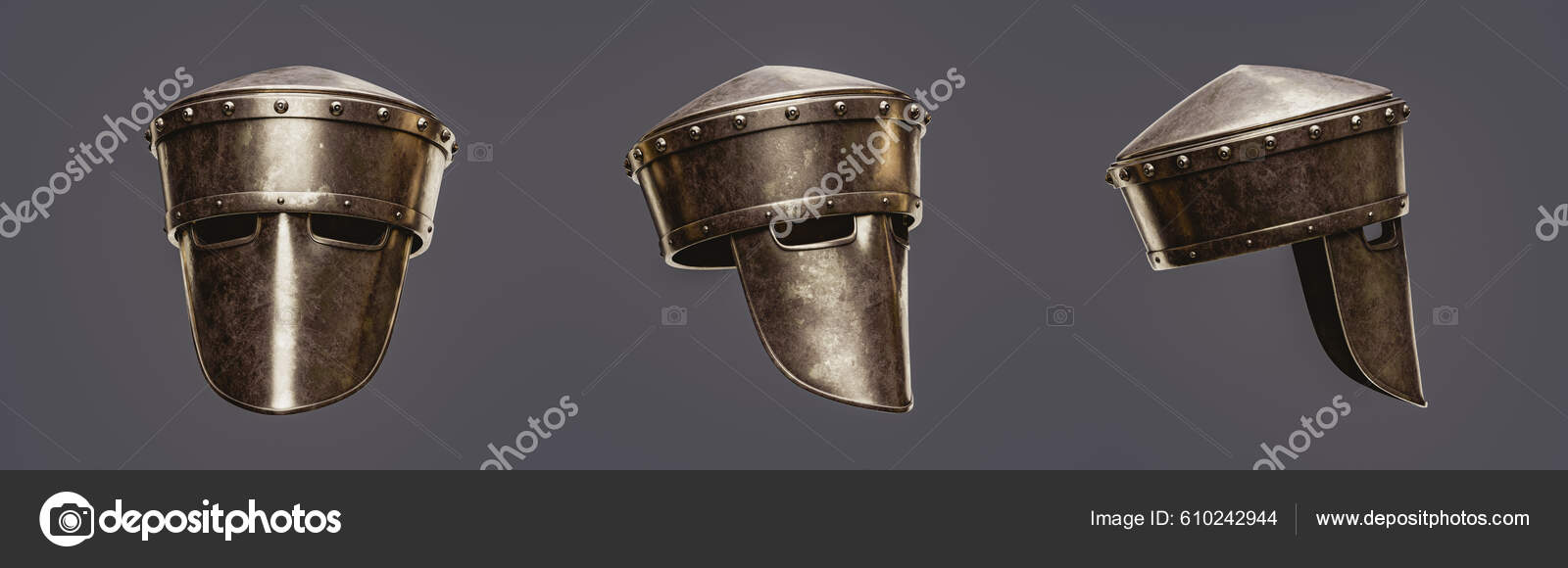 Three Warrior Helmets View Angles Old Brass Metal Helm Rendering Stock ...