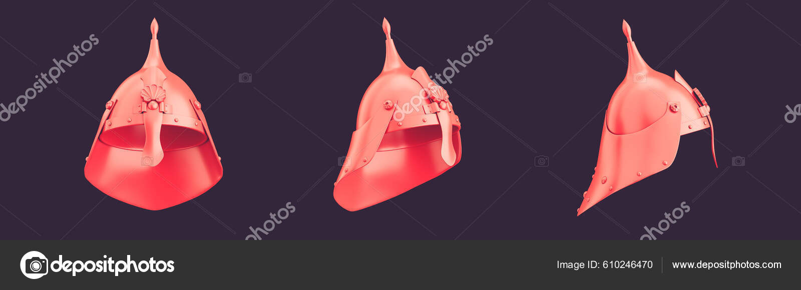 Three Warrior Helmets View Angles Monochrome Single Color Red Helm ...