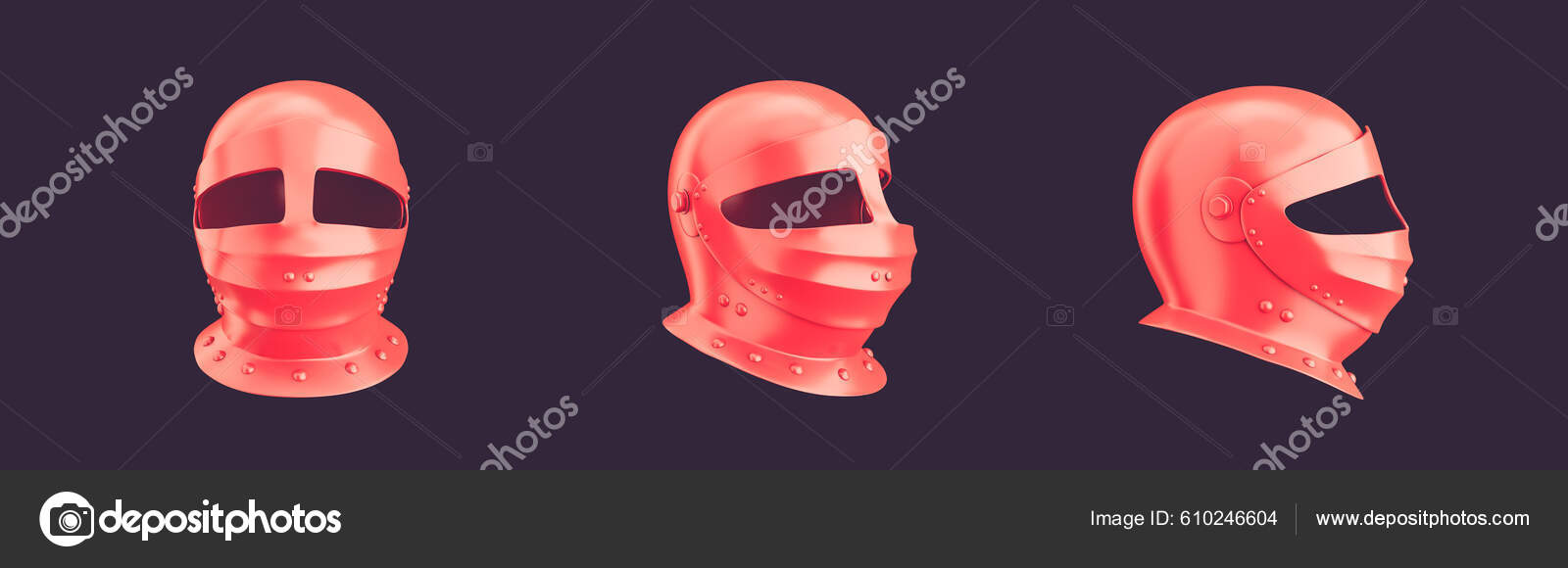 Three Warrior Helmets View Angles Monochrome Single Color Red Helm ...