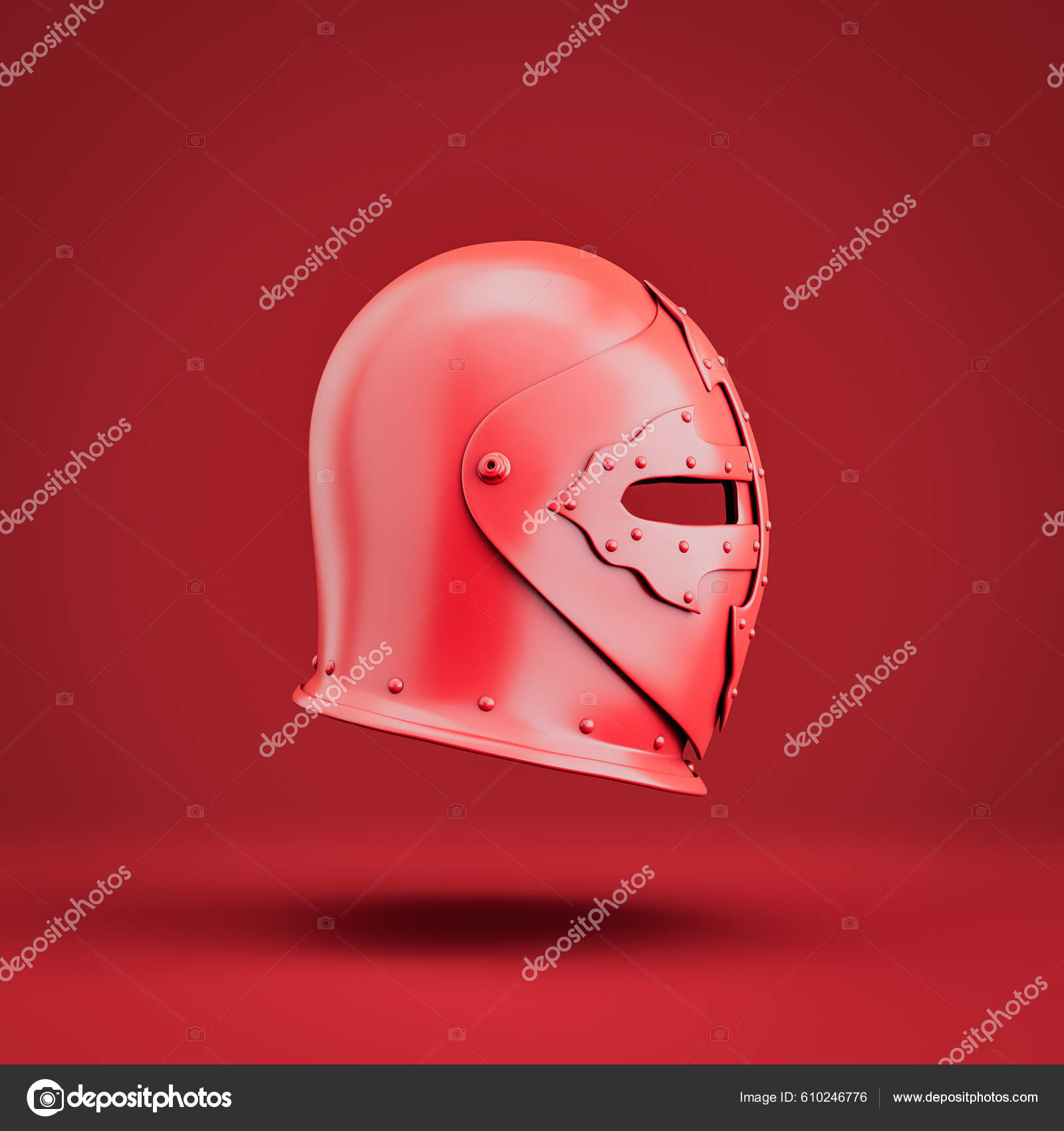Isolated Single Medieval Knight Helmet Monochrome Single Color Red ...