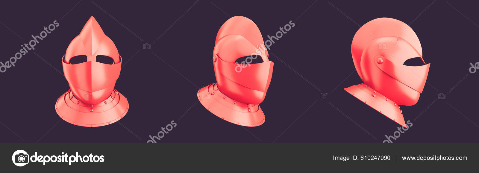 Three Warrior Helmets View Angles Monochrome Single Color Red Helm ...