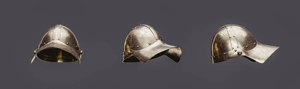 Three warrior helmets from 3 view angles, Old brass metal helm, 3d ...