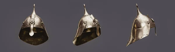 Three Warrior Helmets View Angles Old Brass Metal Helm Rendering Stock ...