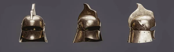 Three Warrior Helmets View Angles Old Brass Metal Helm Rendering Stock ...