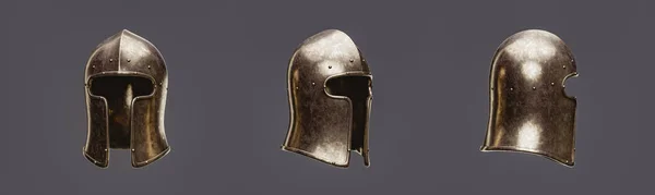 Three Warrior Helmets View Angles Old Brass Metal Helm Rendering Stock ...