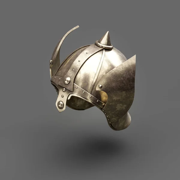 Old metallic ancient soldier helmet. Realistic used warrior shield helm ...