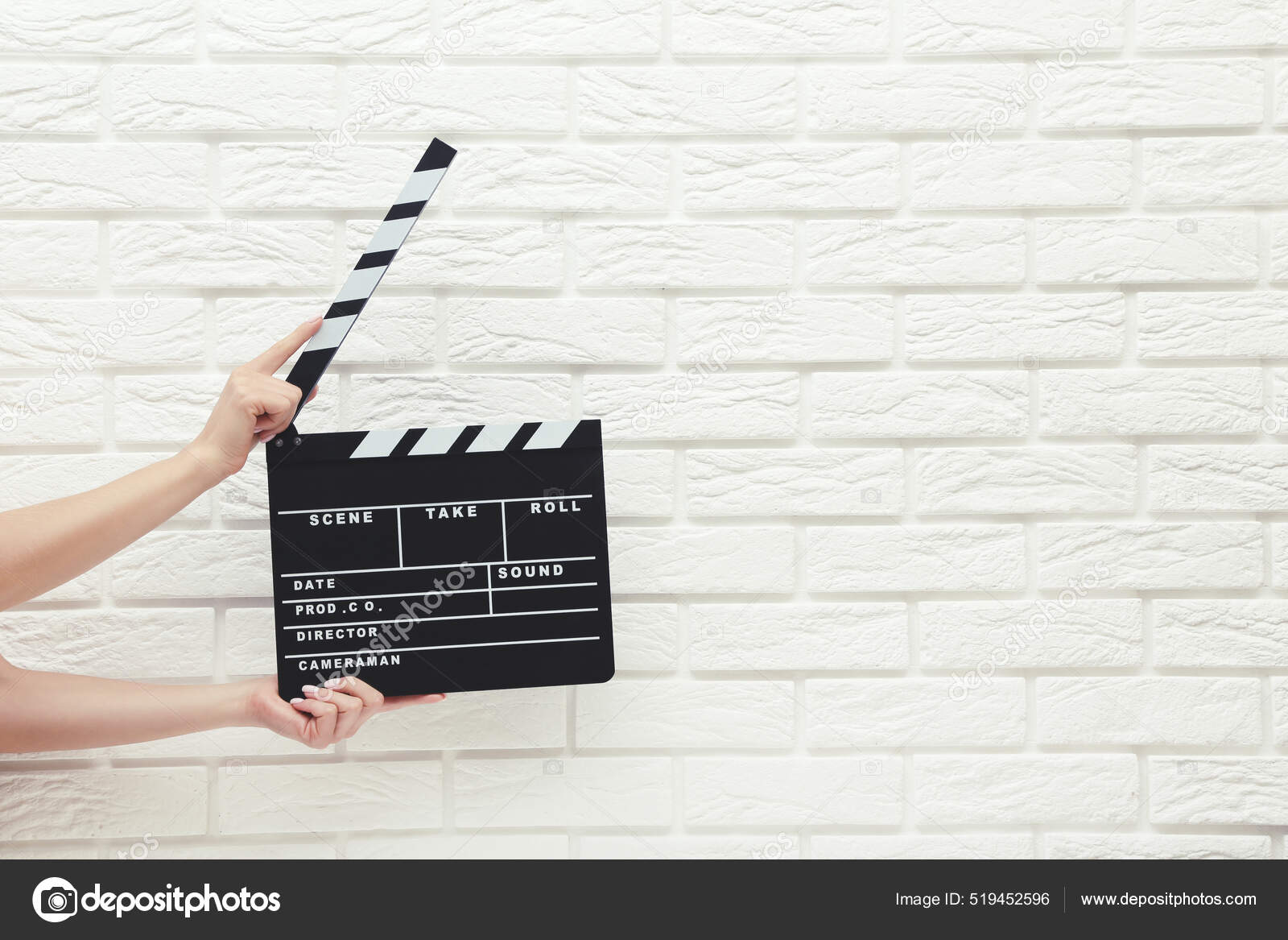 Female Hands Holding Clapper Board Brick Wall Background — Stock Photo ...