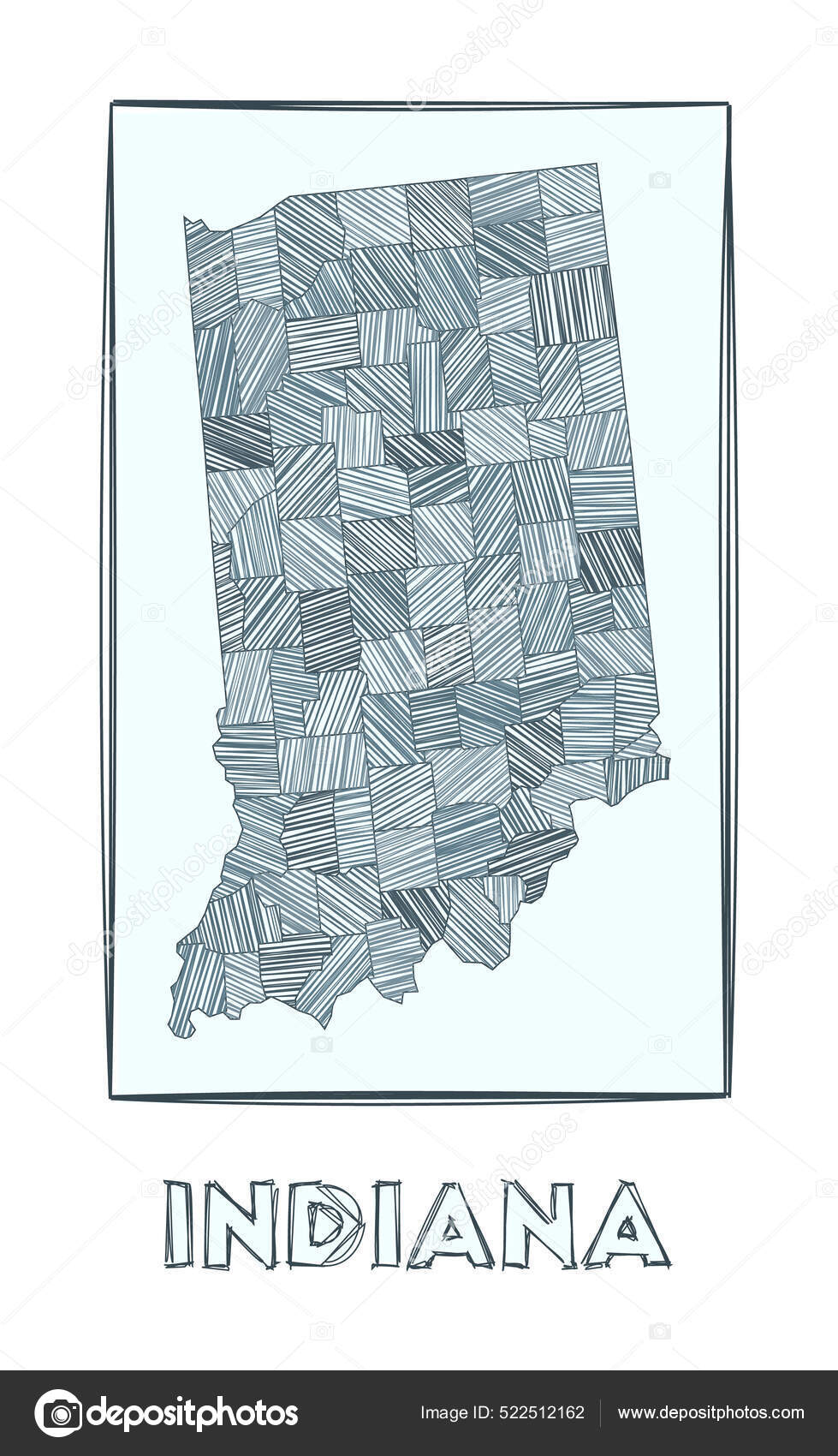 Sketch map of Indiana Grayscale hand drawn map of the us state Filled ...