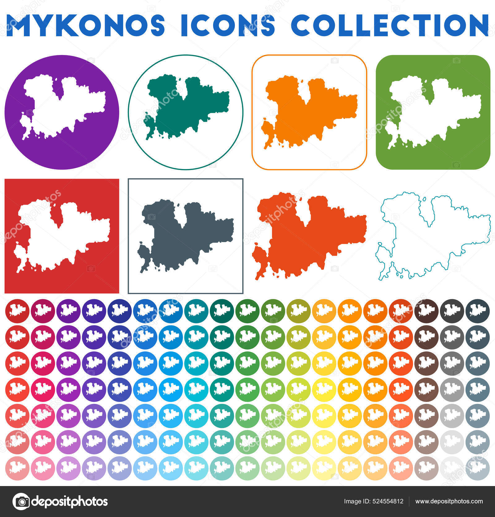 Colección de iconos de Mykonos Iconos de mapa de moda de colores ...