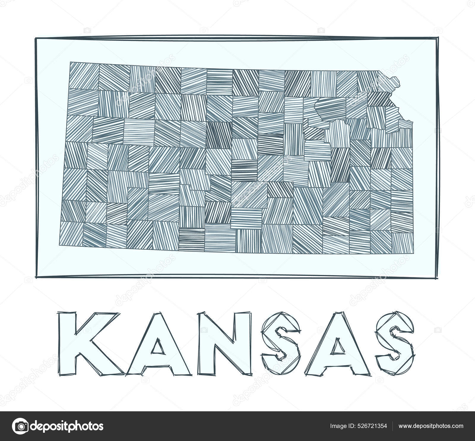 Sketch map of Kansas Grayscale hand drawn map of the us state Filled ...