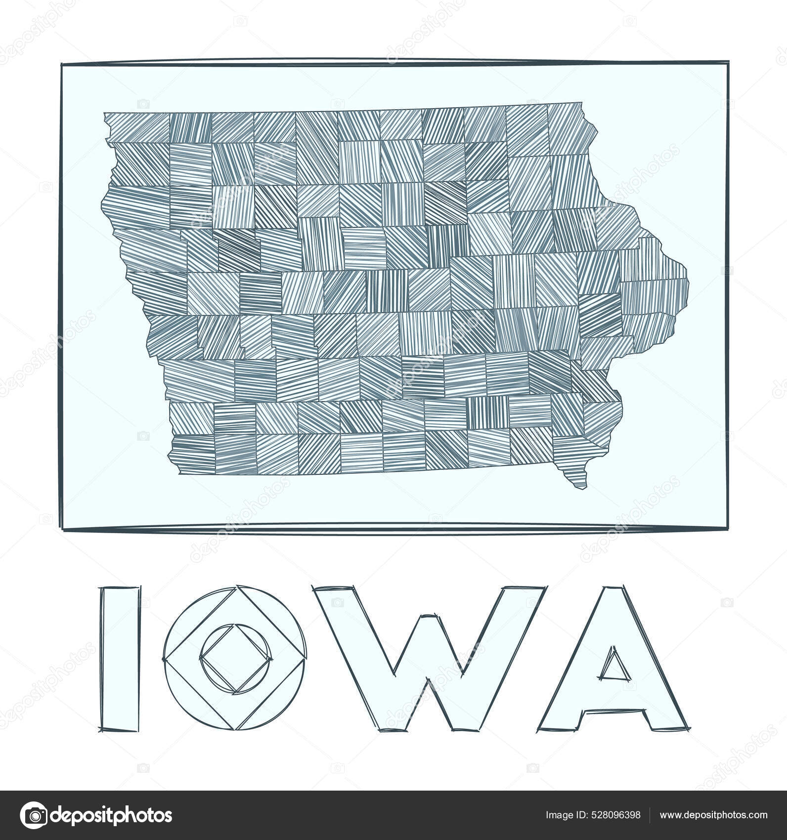 Sketch map of Iowa Grayscale hand drawn map of the us state Filled ...
