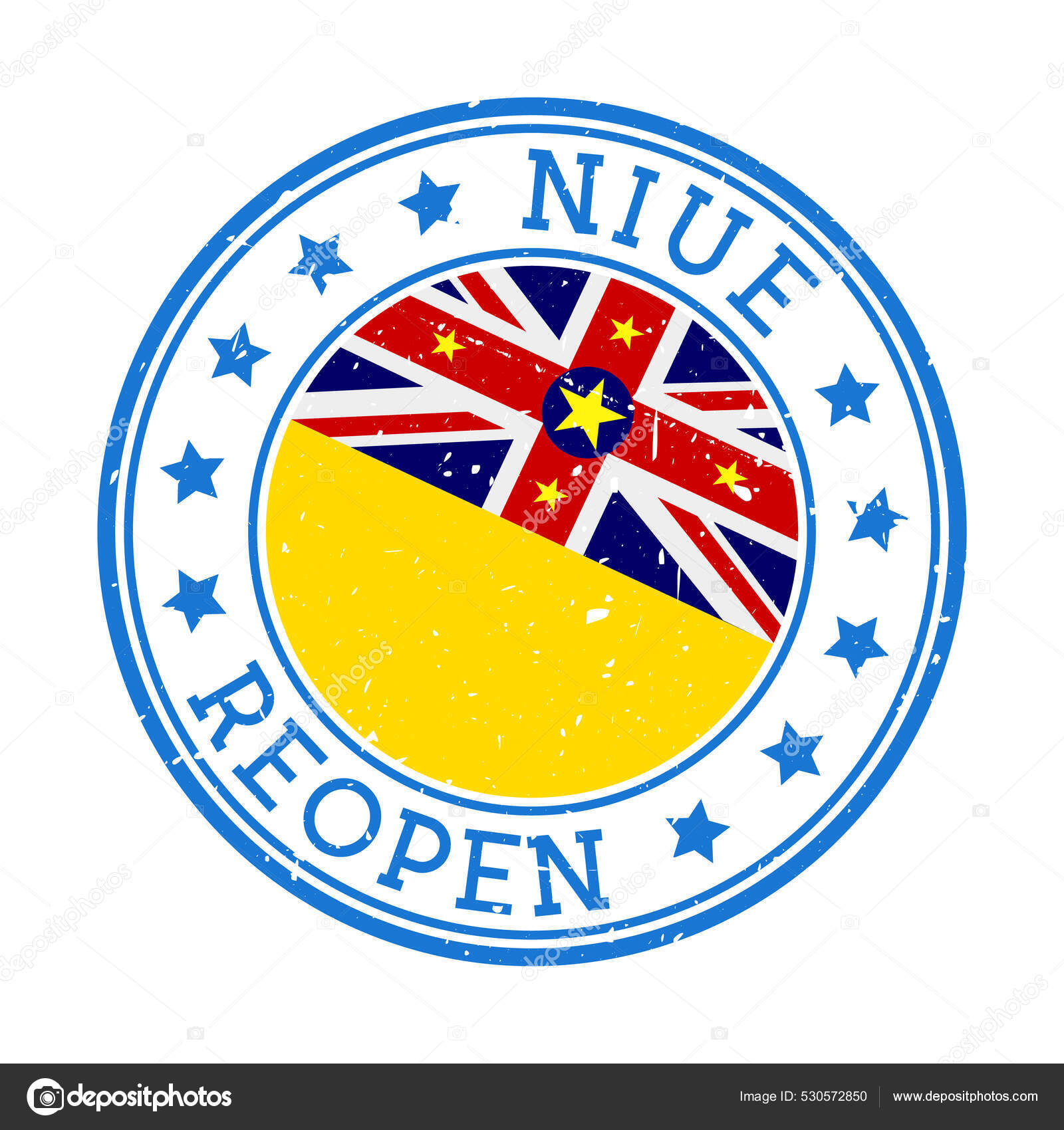Niue Reopening Stamp Round badge of country with flag of Niue Reopening ...