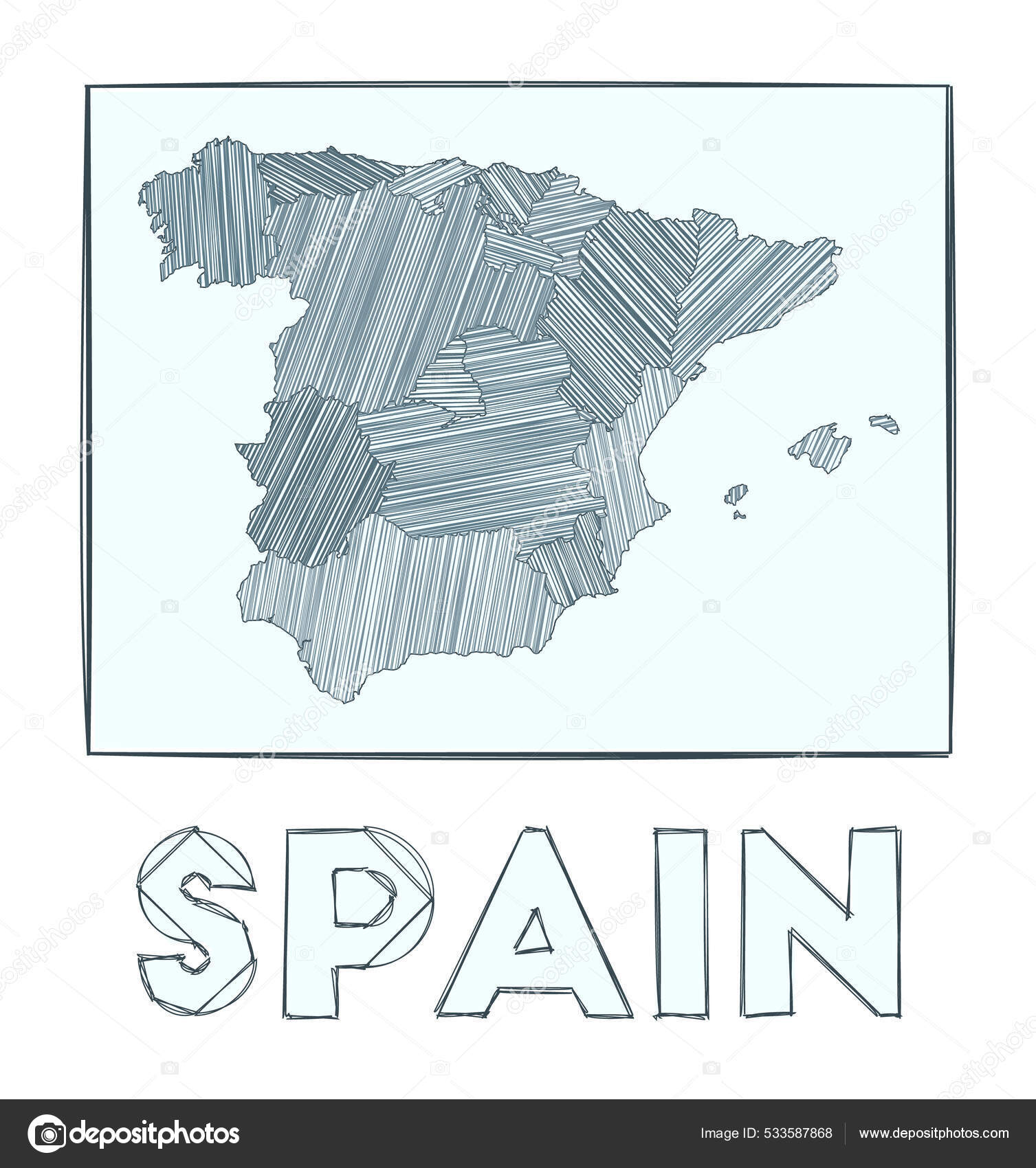 Sketch map of Spain Grayscale hand drawn map of the country Filled ...