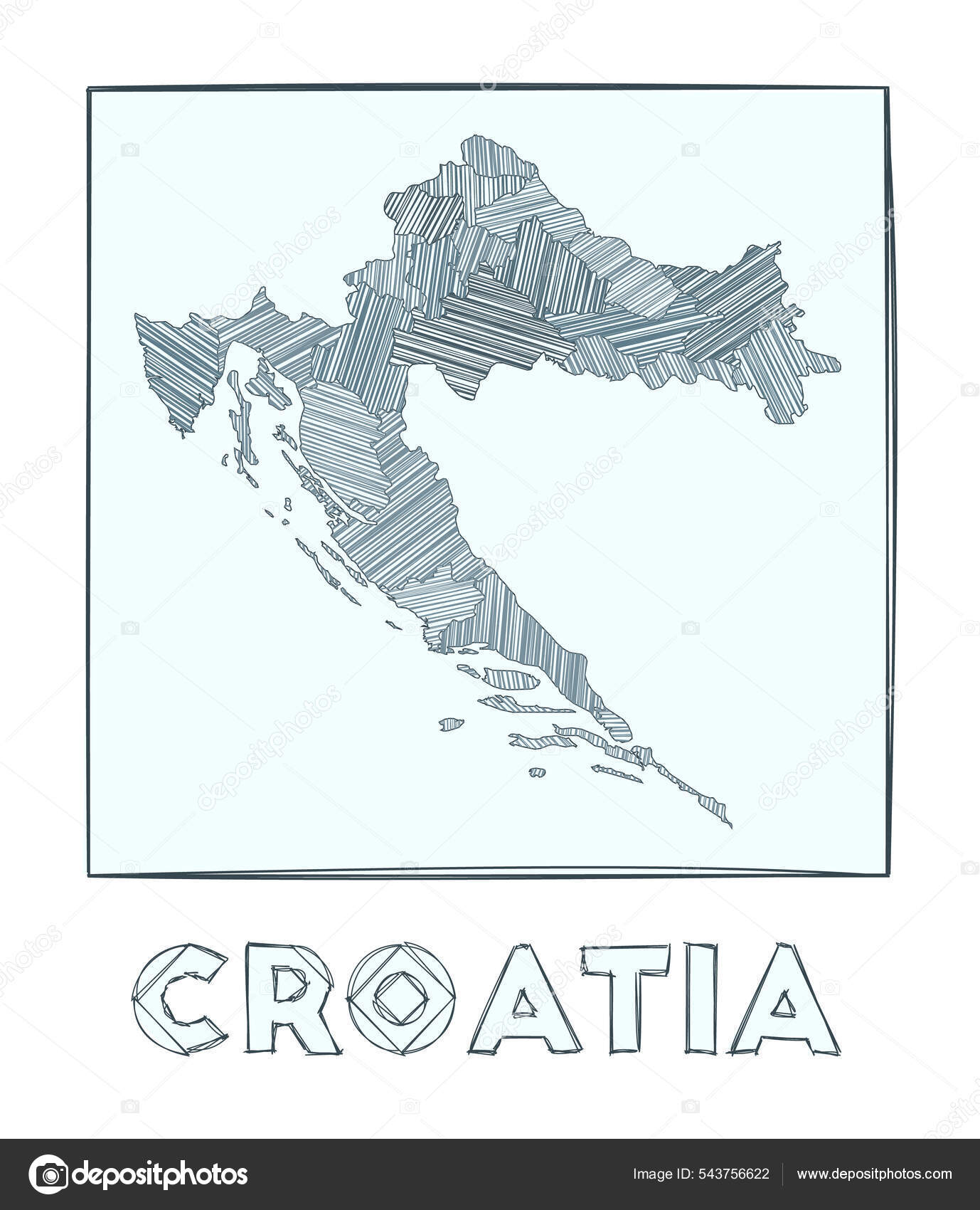 Sketch map of Croatia Grayscale hand drawn map of the country Filled ...