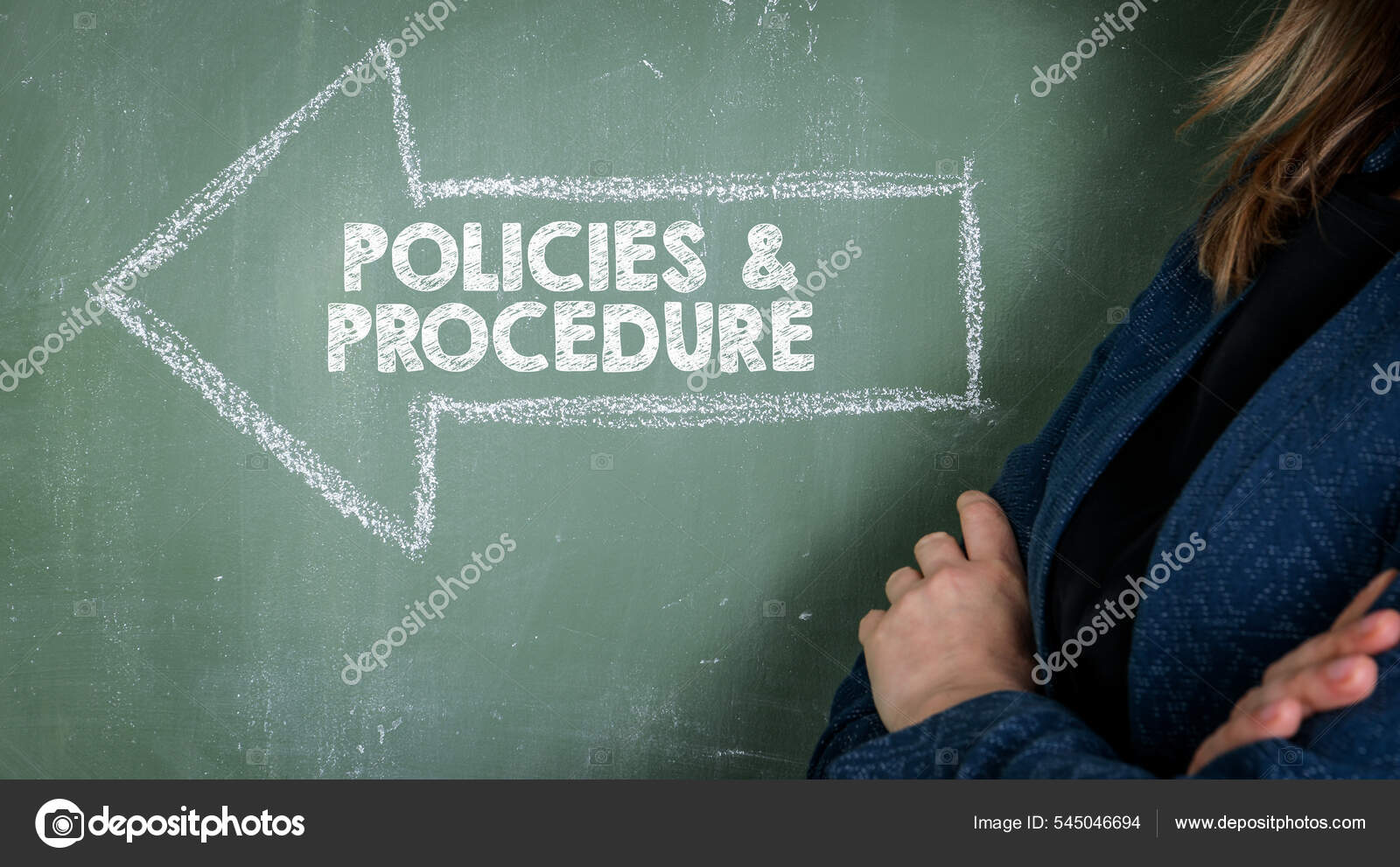 Policies and Procedure concept. Business woman, background of green ...
