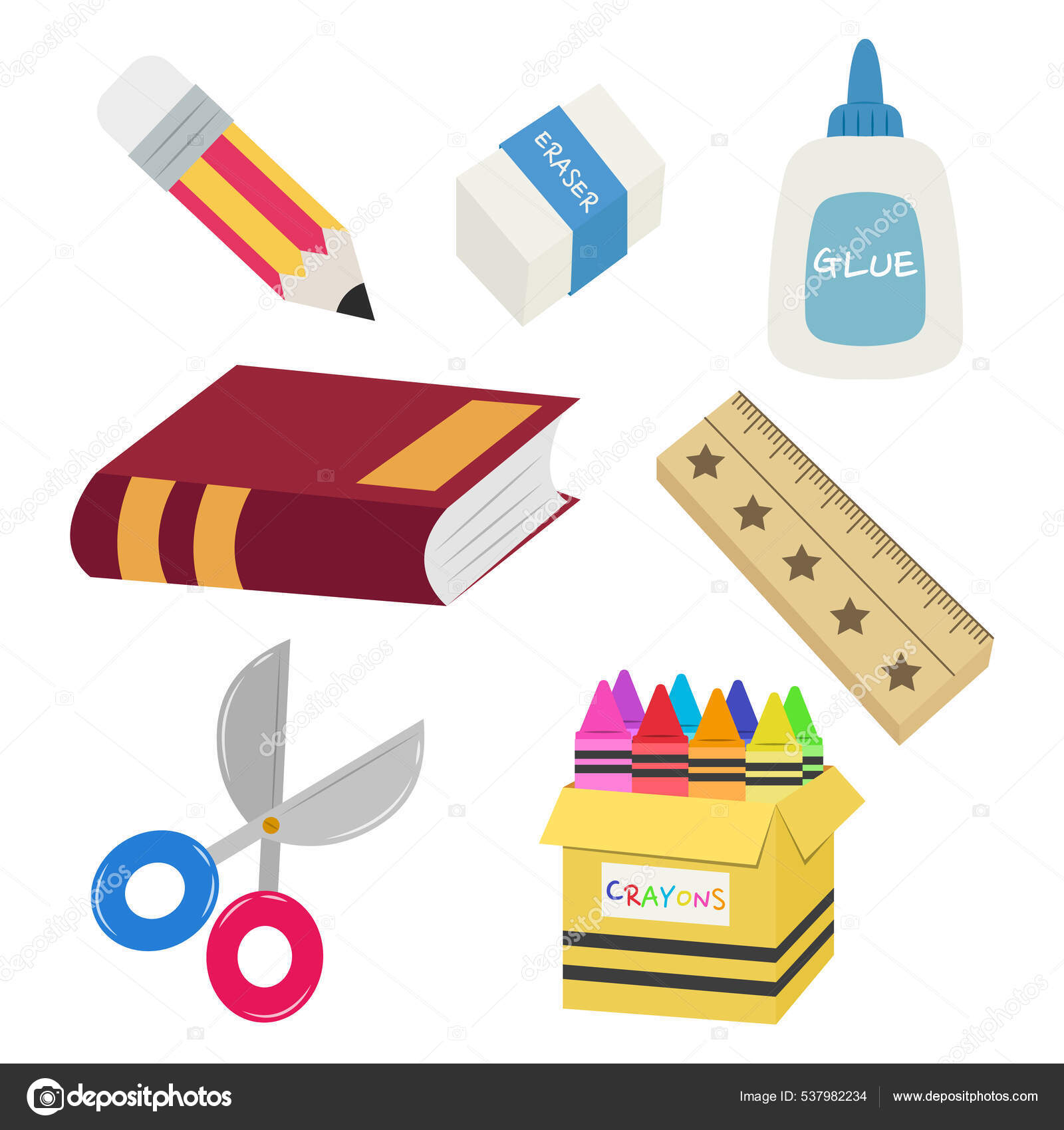 Conjunto Papelería Incluyendo Lápiz Borrador Botella Pegamento Libro ...