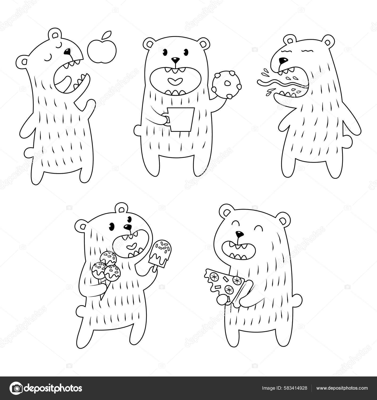 Set Greedy Bear Colorless Cartoon Isolated White Background Funny ...