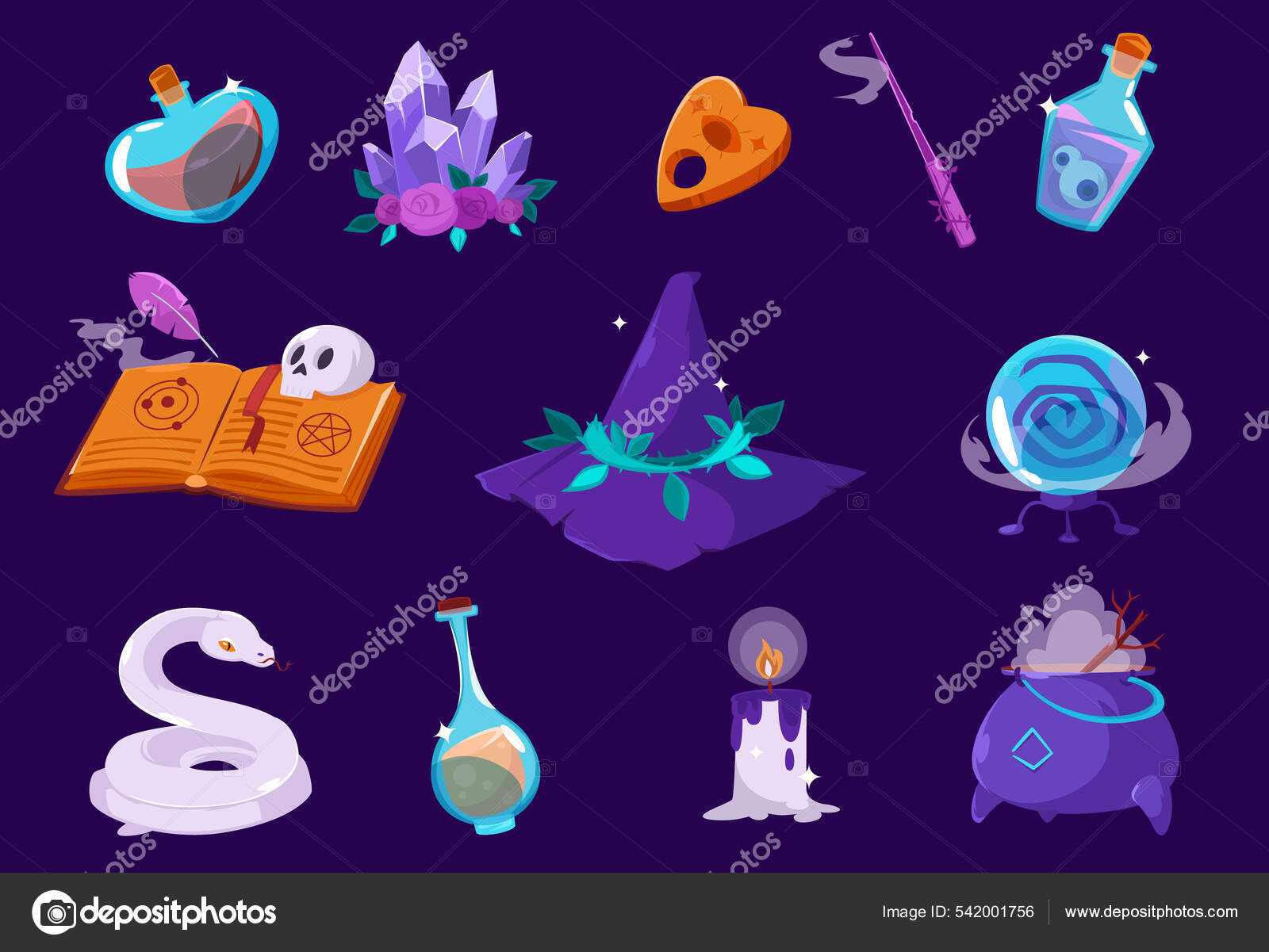 Cartoon Magic Items Crystal Globe Potion Bottle Snake Witch Hat Stock ...