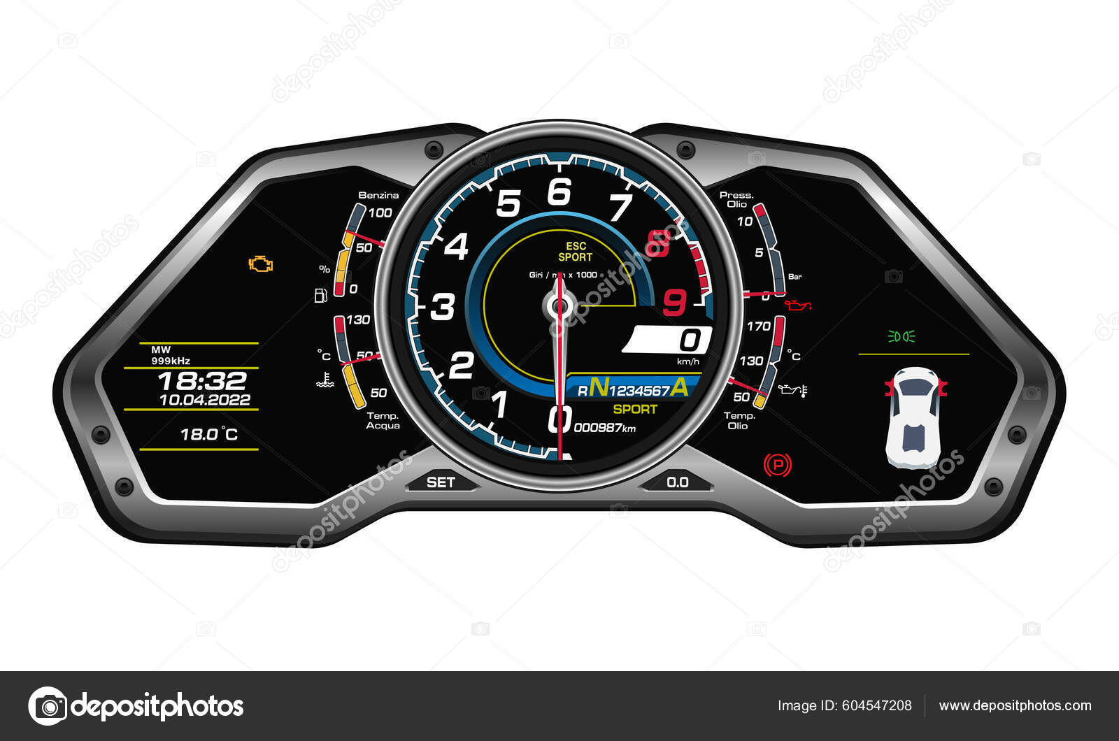 Realistic Super Car Dashboard Control White Background Vector Stock ...