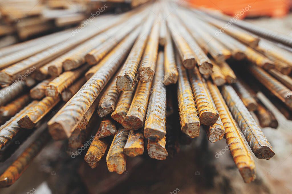 Reinforcement rods at construction site. Steel rebar close up. Rusty ...
