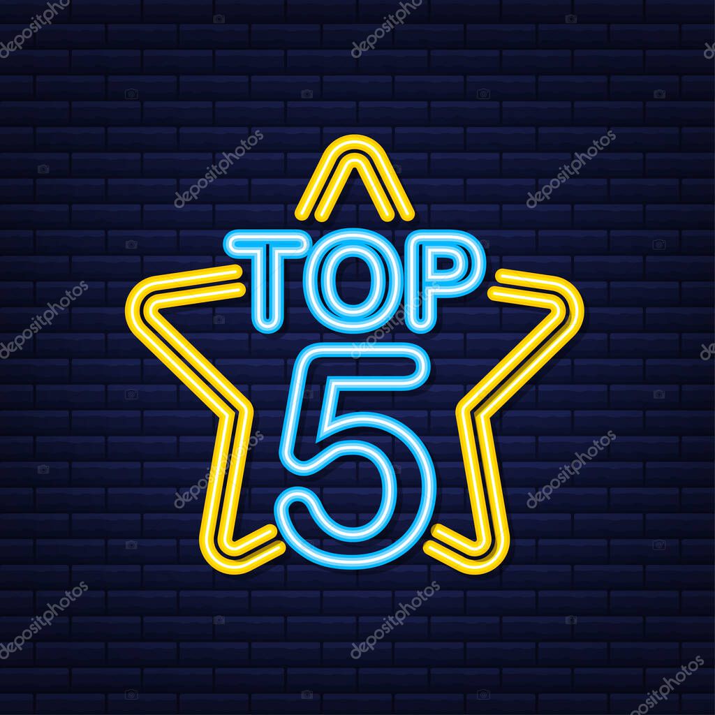 Parte superior 5 Top Ten de oro con etiqueta de neón azul sobre fondo ...