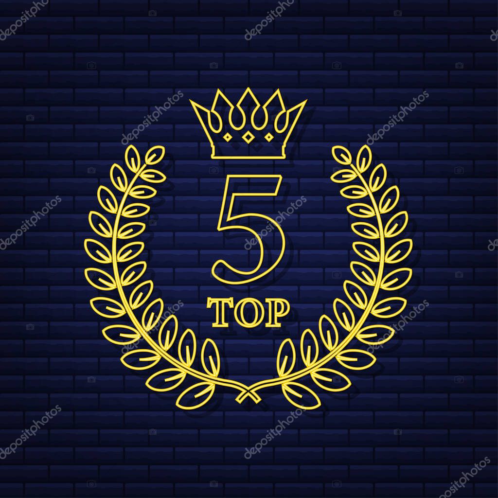 Etiqueta Top 5. Icono de corona de laurel de neón. Ilustración de stock ...