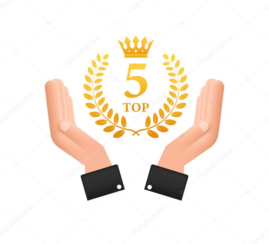 Top 5 etiqueta en las manos. Icono de corona de laurel dorado ...