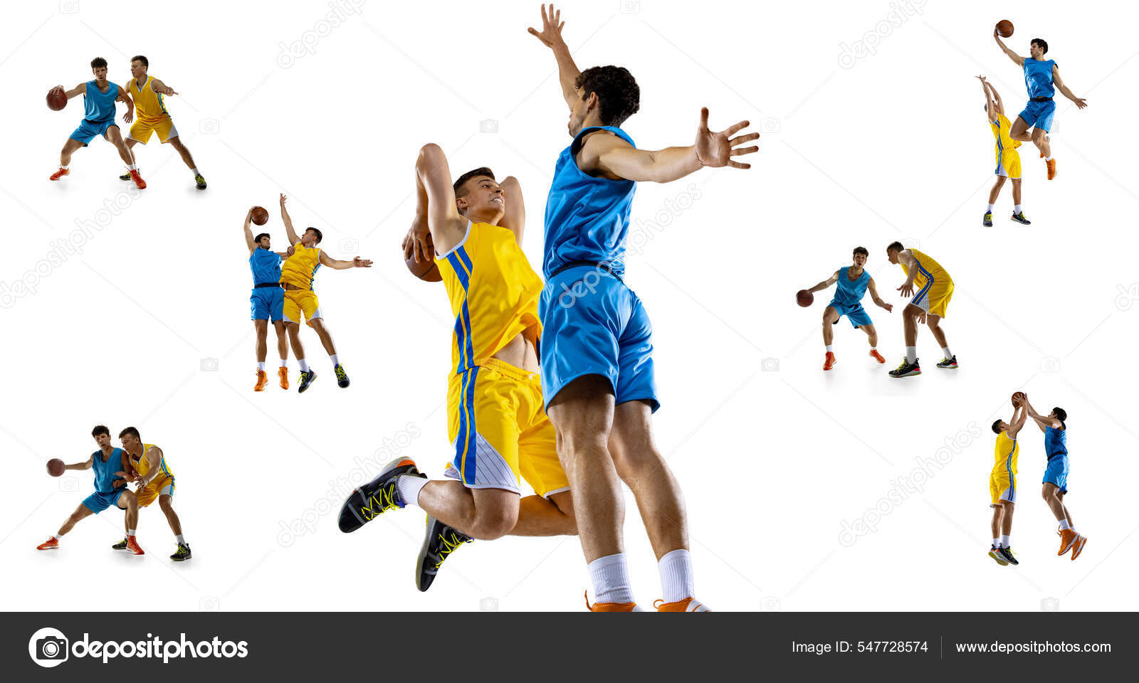 Collage of two young boys, professional basketball pleyarer in motion ...