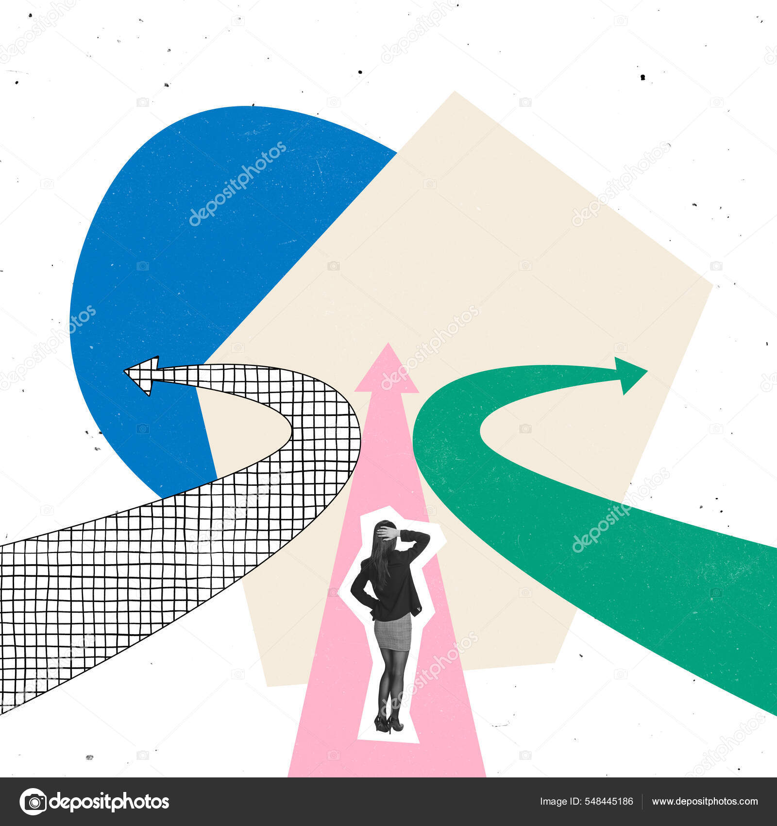 Creative design. Woman, office workers looking at multiple arrow ...