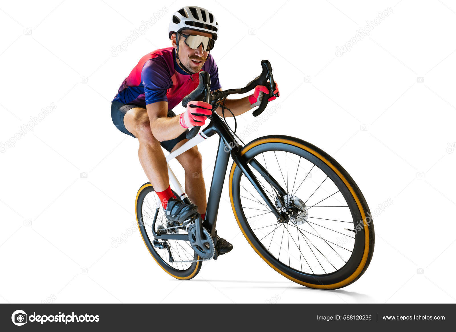 Portrait Man Professional Cyclist Training Riding Isolated White Studio ...