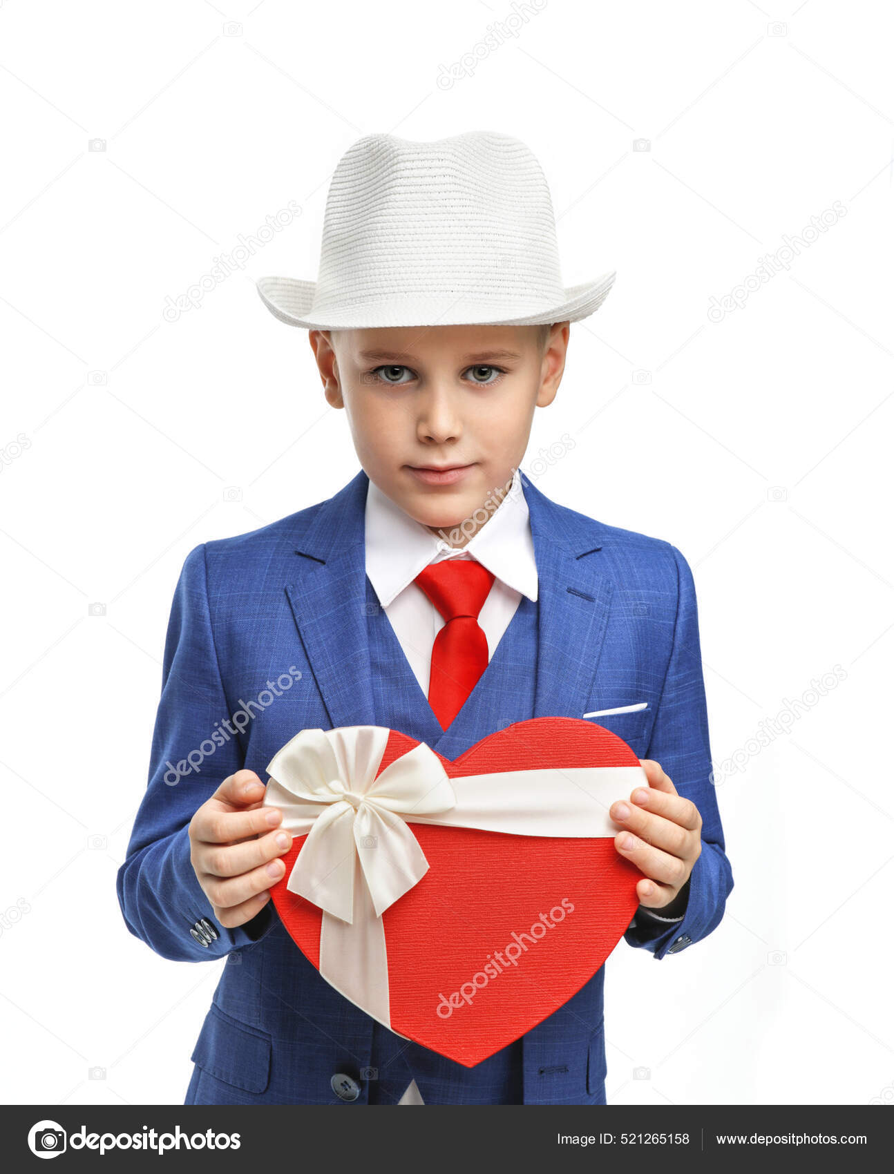 Cute Gentleman Boy Blue Suit Red Tie Red Heart Shaped — Stock Photo ...