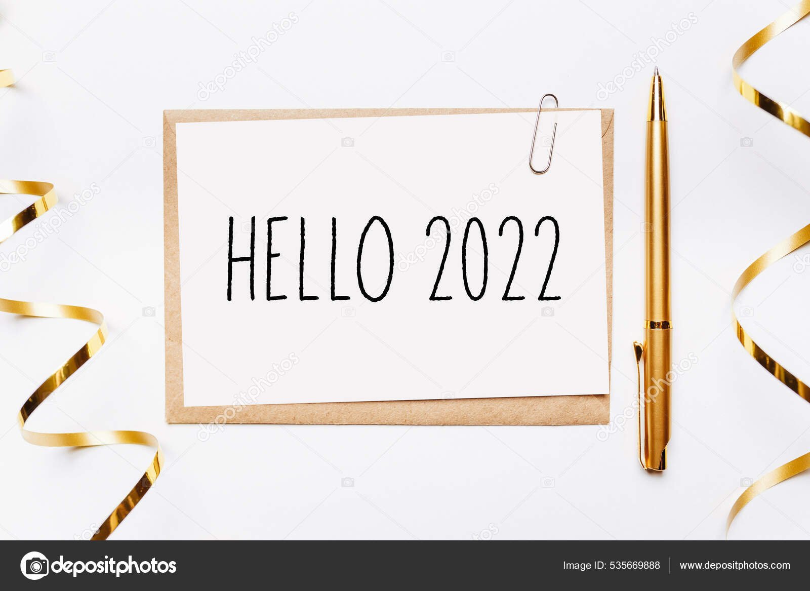 Hello 2022 Note Envelope Gifts Gold Ribbon White Background Stock Photo ...