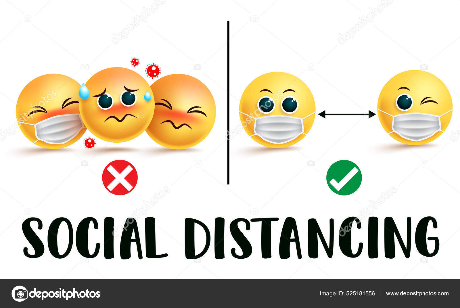 Smiley Emojis Social Distancing Vector Sign Social Distancing Text ...
