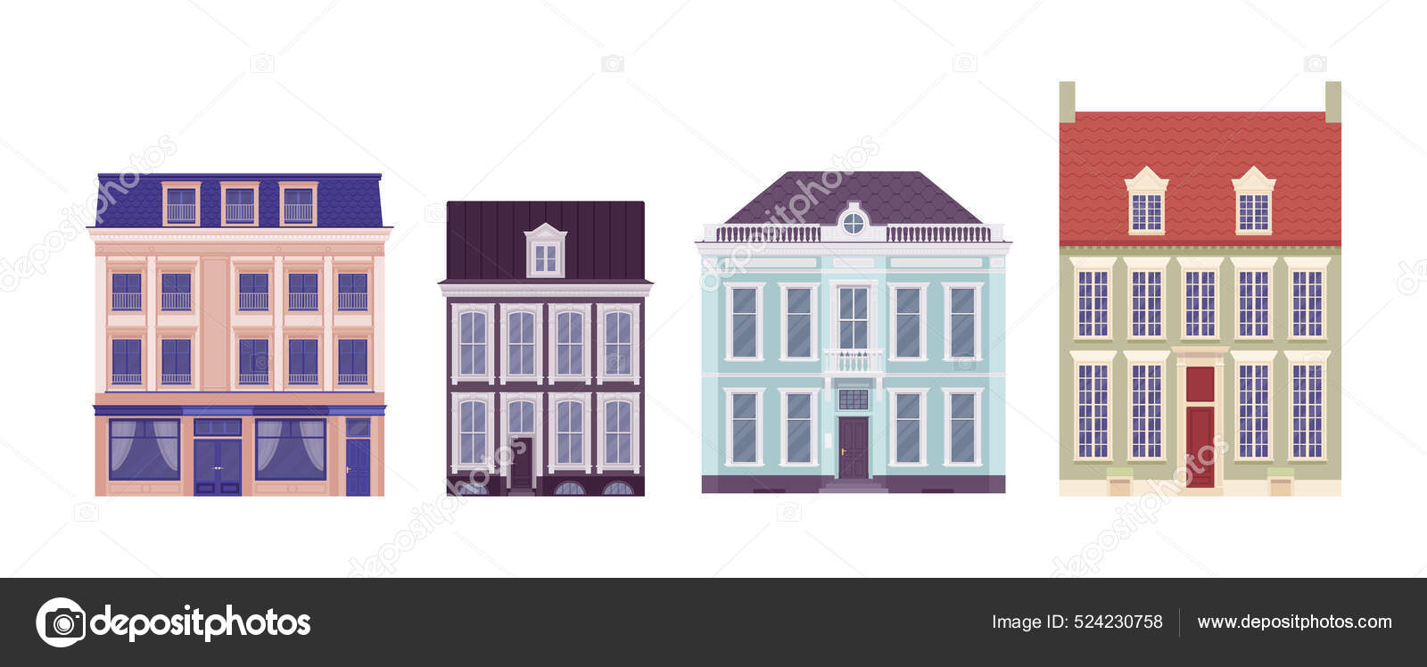 Town house set, classical mansions in different architectural styles ...