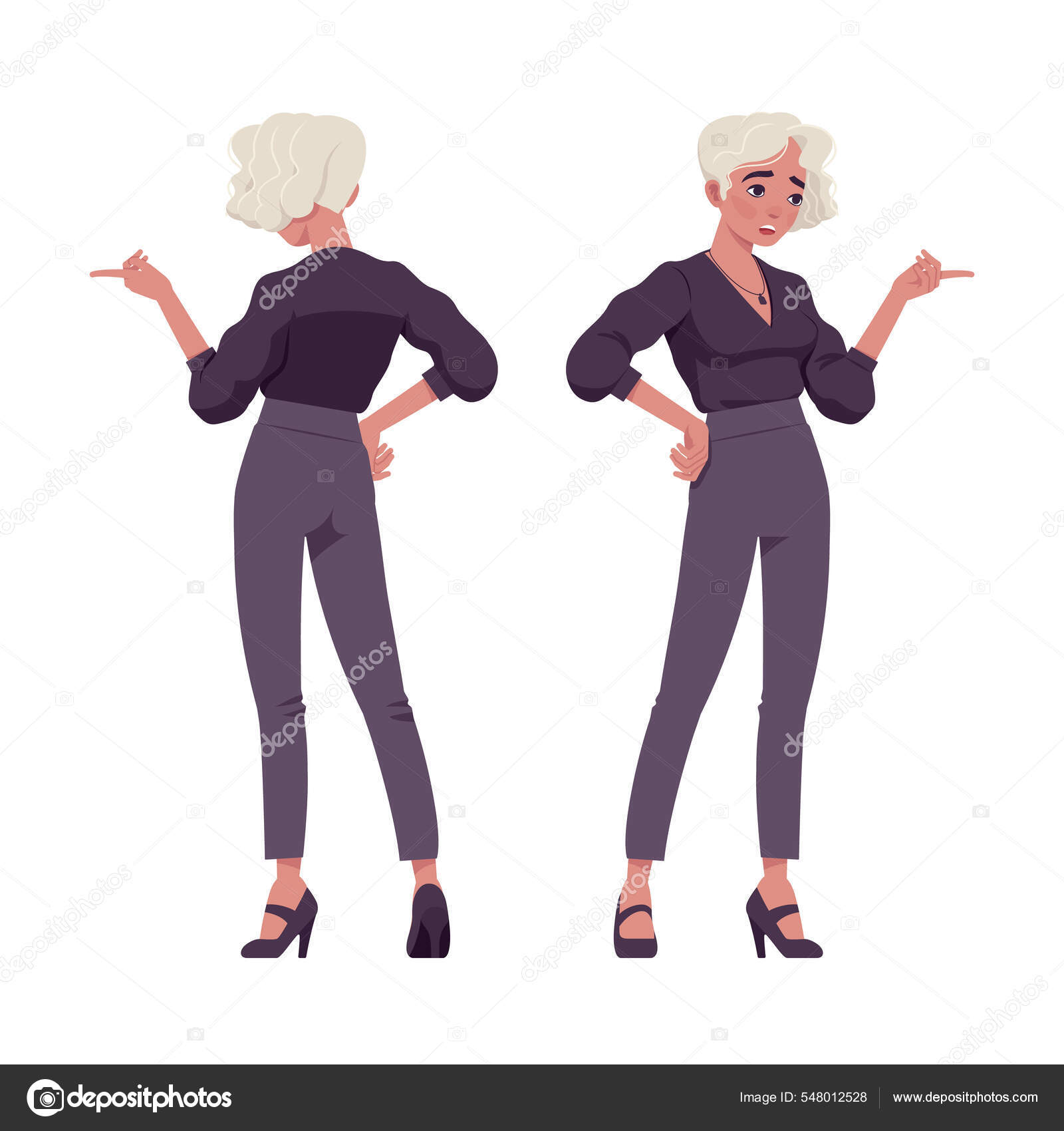 Beautiful talking pose blonde woman, white dyed hair, business outfit ...