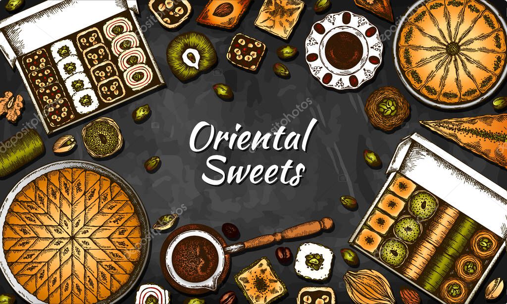 Bosquejo dibujo cartel de dulces orientales aislados en pizarra. Arte ...